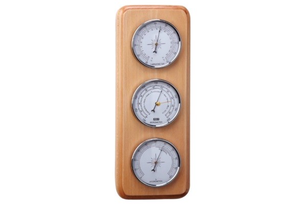 Station météo à 3 indicateurs avec socle en bois.